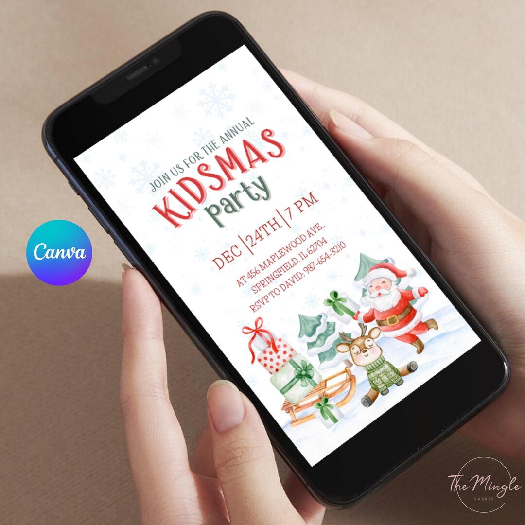 Kids Christmas Party, Digital Invitation, Canva Template, Editable ...