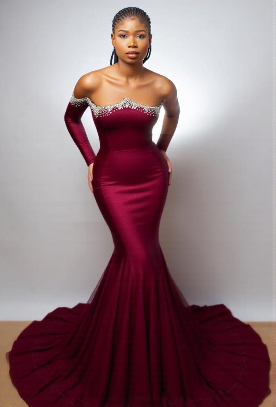 Burgundy Duchess Satin Mermaid Gown With Embellishments - Etsy
