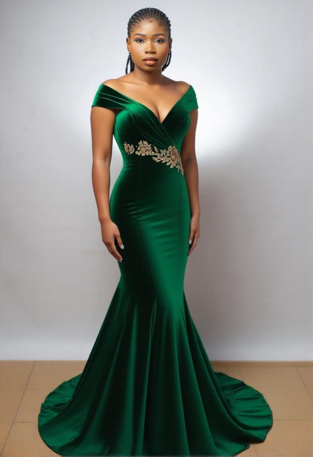 Emerald Green Velvet Mermaid Gown With Lace Applique - Etsy