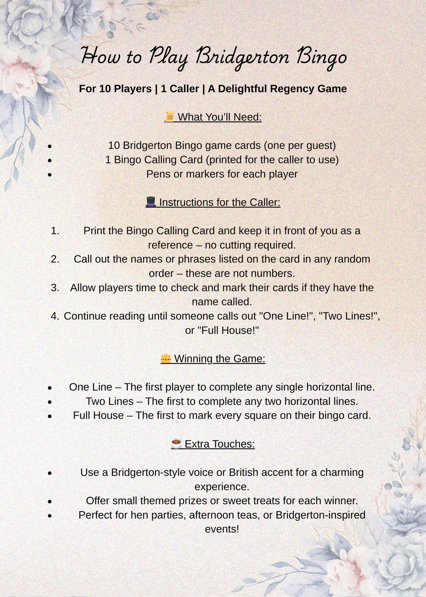 Bridgerton Bingo Game Printable | 10 Players | Regency-themed Afternoon ...
