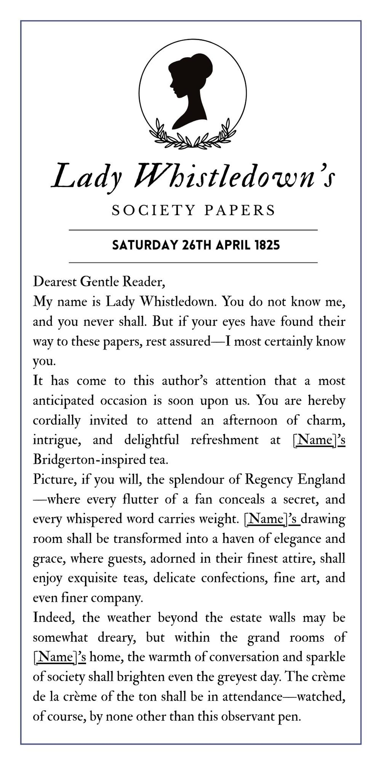 Bridgerton Society Paper Invitation | Lady Whistledown Inspired ...