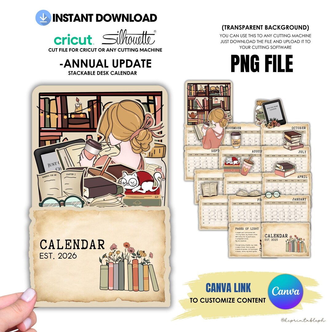 2026 Book Lover Stackable Desk Calendar: PNG Files, Editable Canva ...