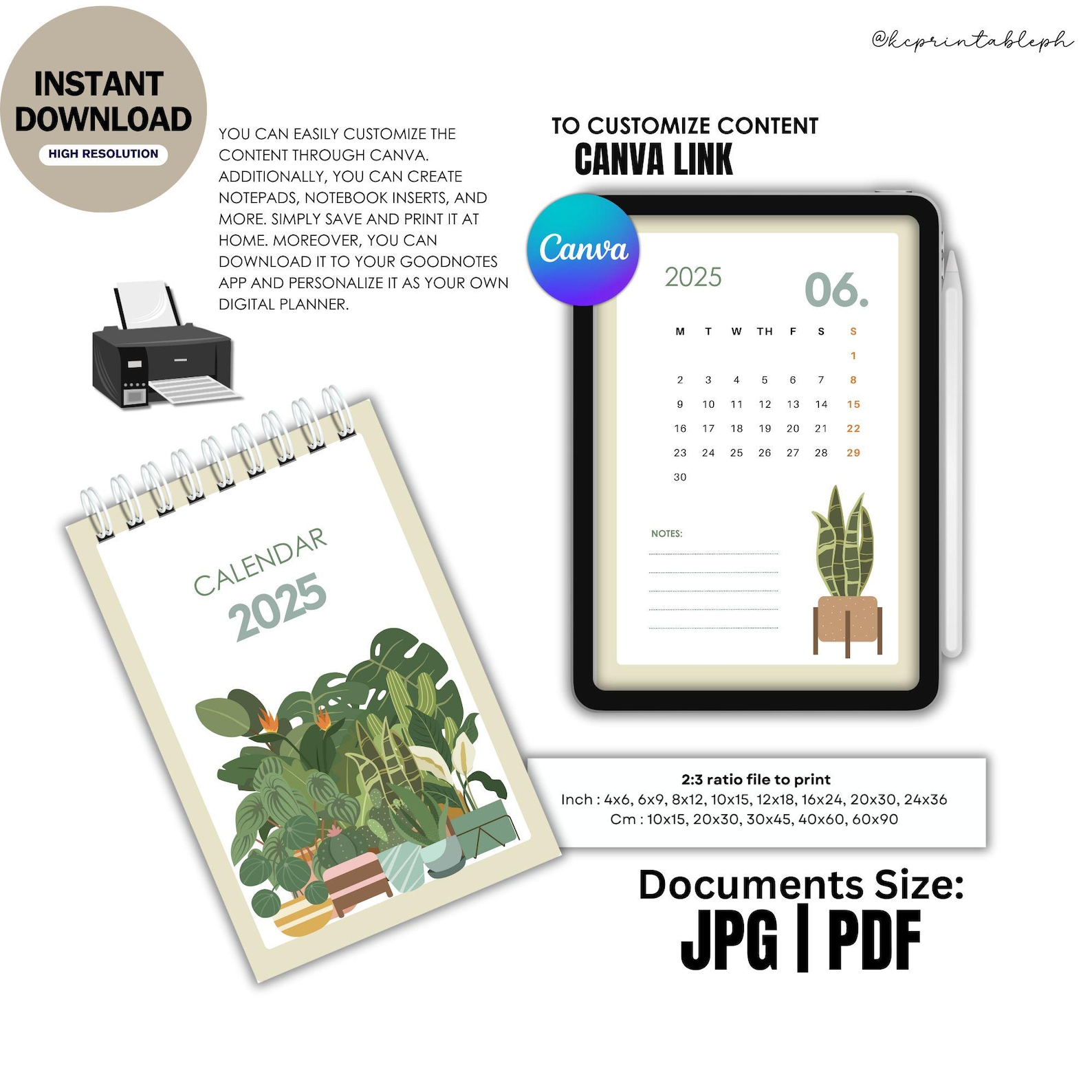2026 Houseplant Botanical Desk Calendar: Editable Canva Template (PNG ...
