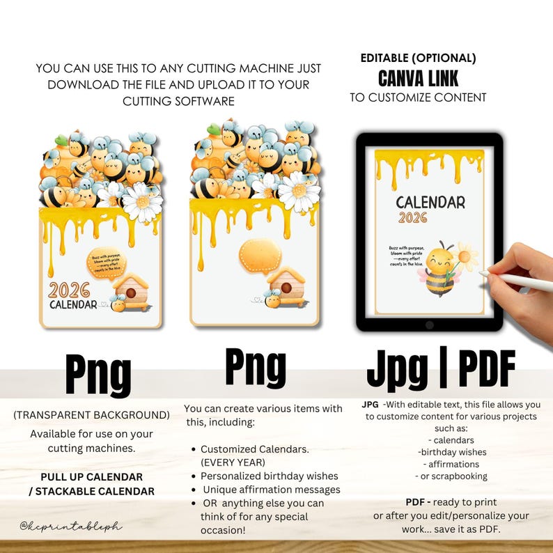 Honey Bee Desk Calendar Template 2026 Cricut & Canva Editable (digital ...
