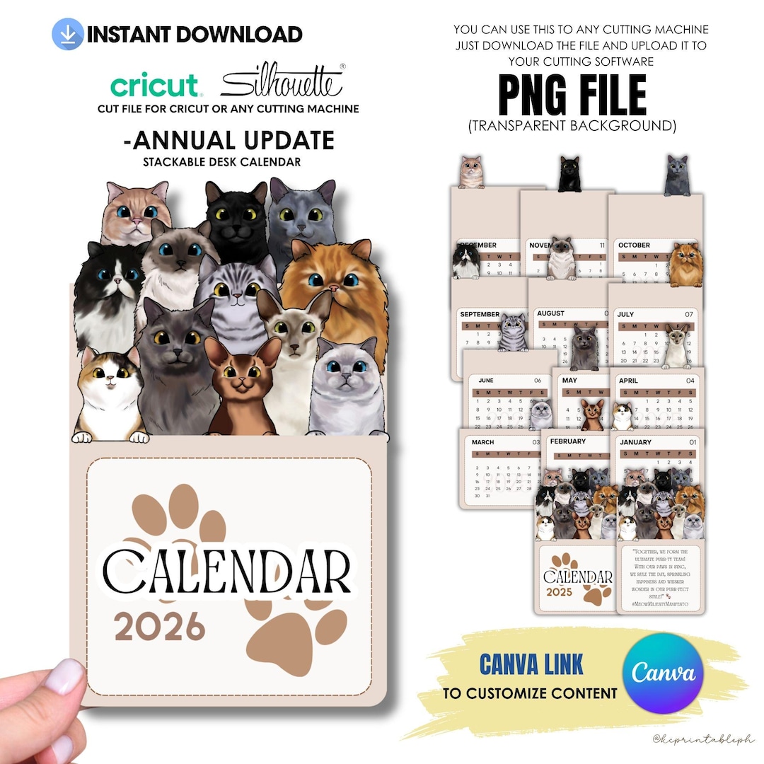 2026 Cat Desk Calendar Printable | Stackable Calendar PDF PNG JPG ...
