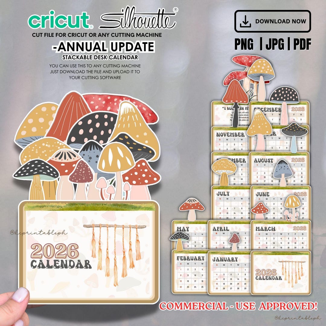 Boho Mushroom 2026 Desk Calendar Printable | Cottagecore Canva Template ...