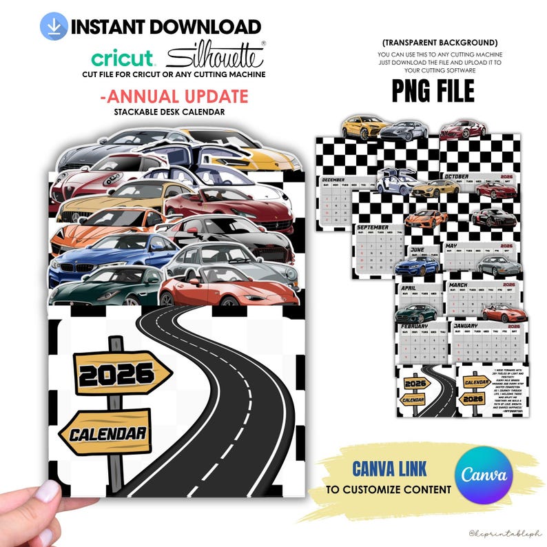 2026 Car Stackable Desk Calendar Template: Editable Canva, Cricut PNG ...