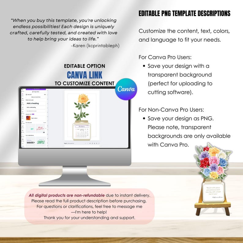 2025 Watercolor Rose Desk Calendar Template | Editable Canva Option ...