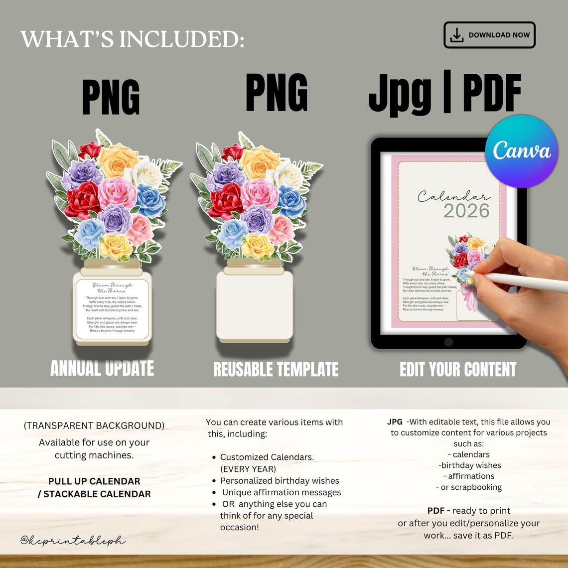 2026 Watercolor Rose Stackable Desk Calendar Template: Cricut & Canva ...