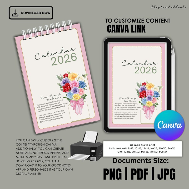 2026 Watercolor Rose Stackable Desk Calendar Template: Cricut & Canva ...