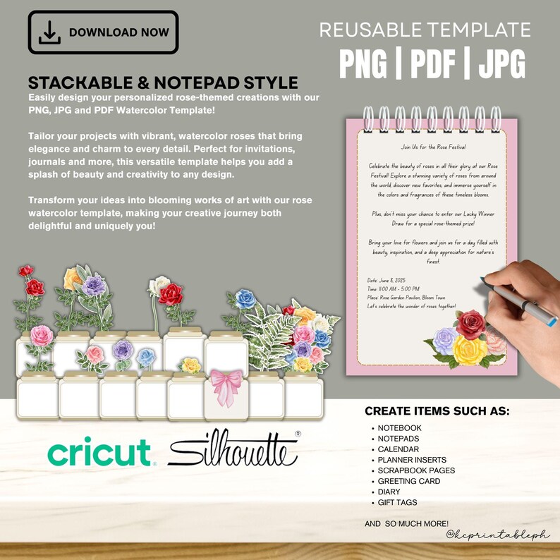 2026 Watercolor Rose Stackable Desk Calendar Template: Cricut & Canva ...