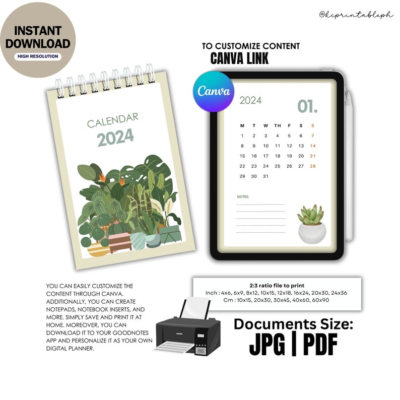 2024-2025 Houseplant Botanical Desk Calendar Template Reusable All Year ...