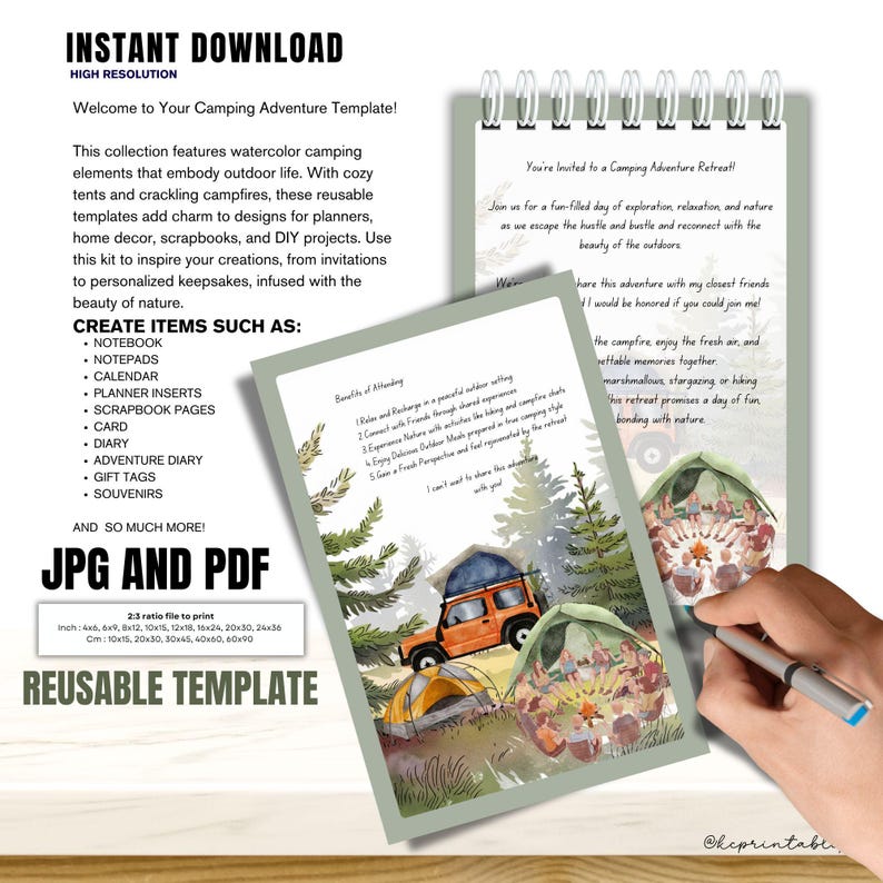 2025 Watercolor Camping Stackable Calendar Template | Custom Editable ...