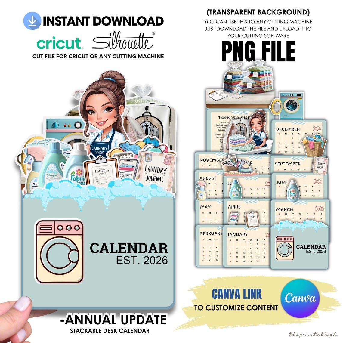 2026 Laundry Shop Desk Calendar: Stackable Canva Template (digital ...