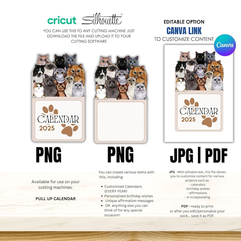 2025 Cute Cats Desk Calendar Template | Editable Canva | PNG for Cricut ...