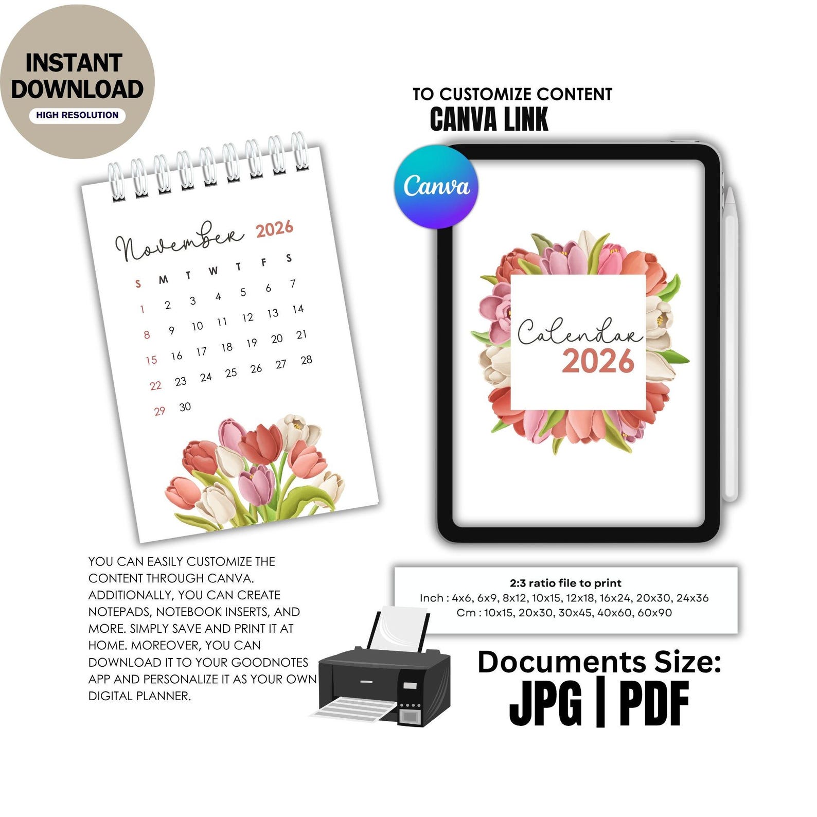 2026 Tulip Desk Calendar: Stackable Floral Design, Canva Template ...