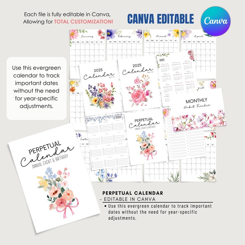 2025 Watercolor Birth Flower Calendar, Editable Monthly Planner (PDF ...