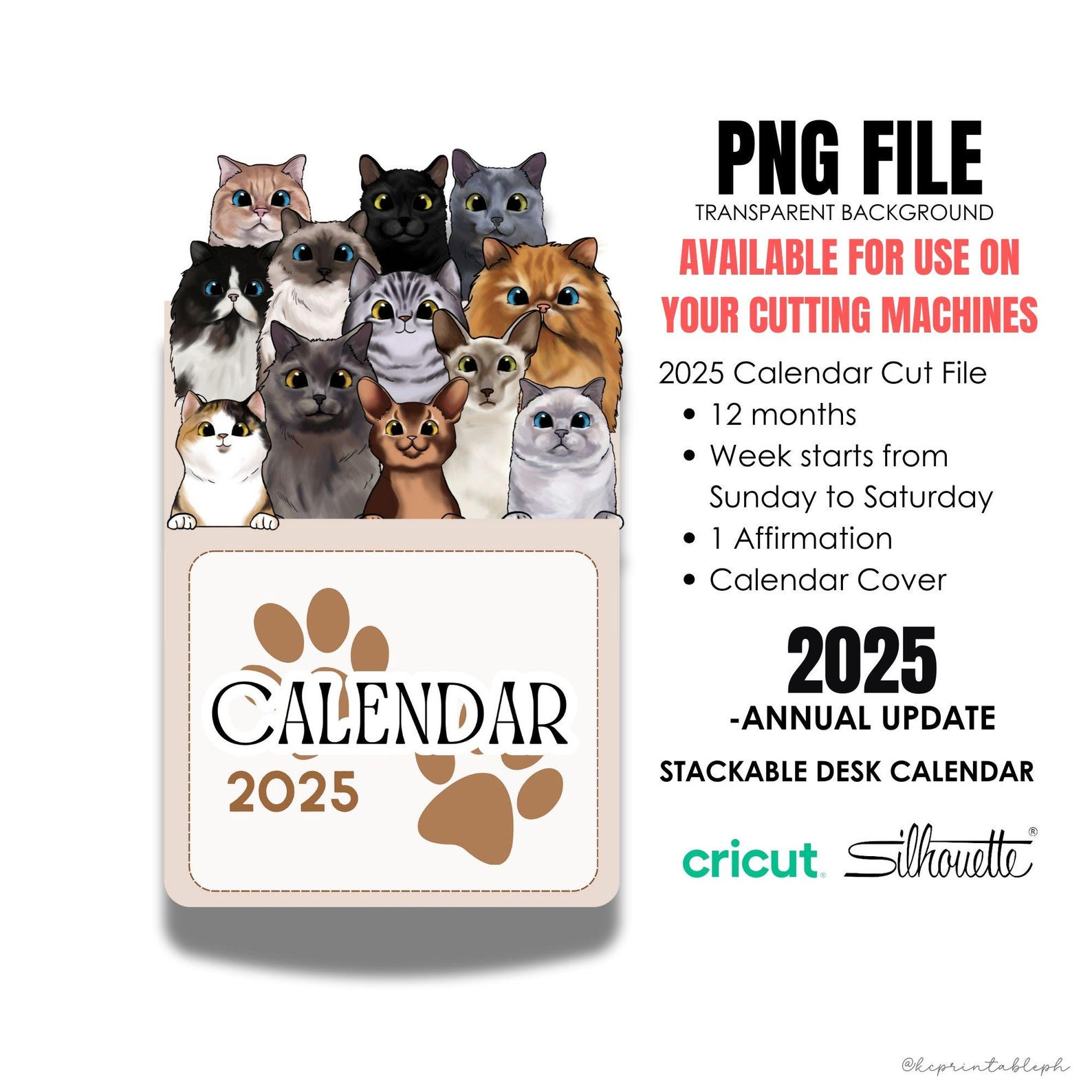 2025 Cute Cats Desk Calendar Template | Editable Canva | PNG for Cricut ...