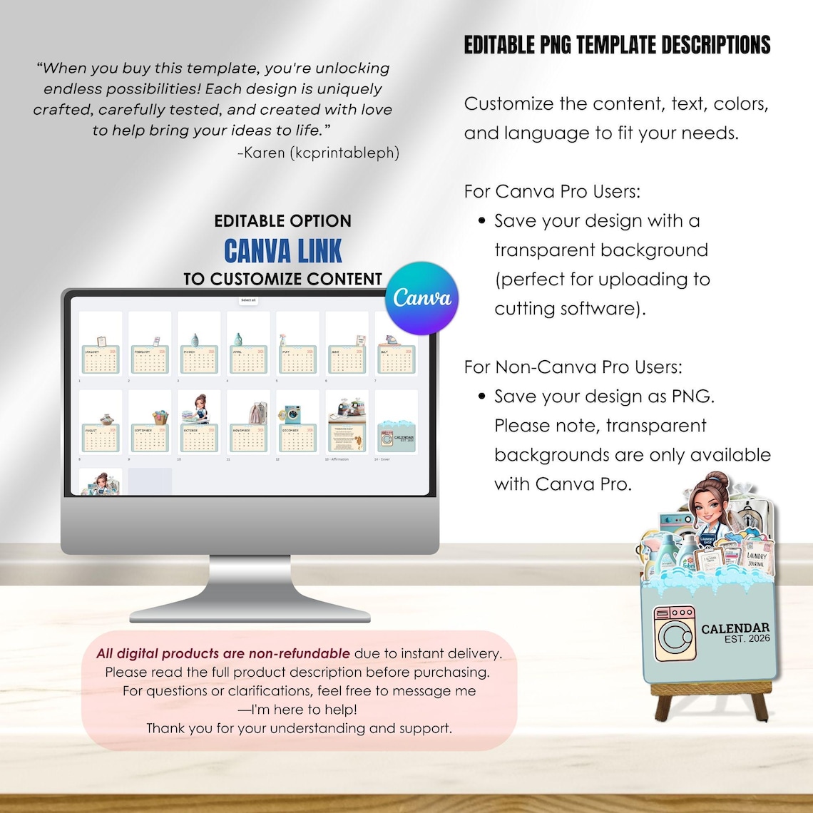 2026 Laundry Shop Desk Calendar: Stackable Canva Template (digital ...