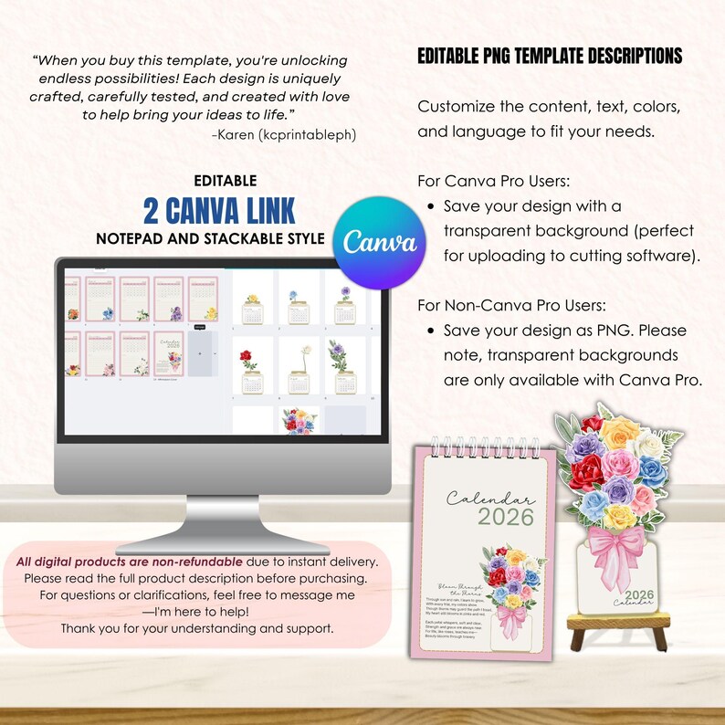 Watercolor Rose 2027 Calendar Bundle | Stackable, Notepad, Printable ...