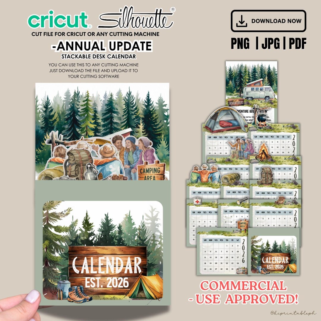 2026 Watercolor Camping Stackable Desk Calendar Template: Editable ...
