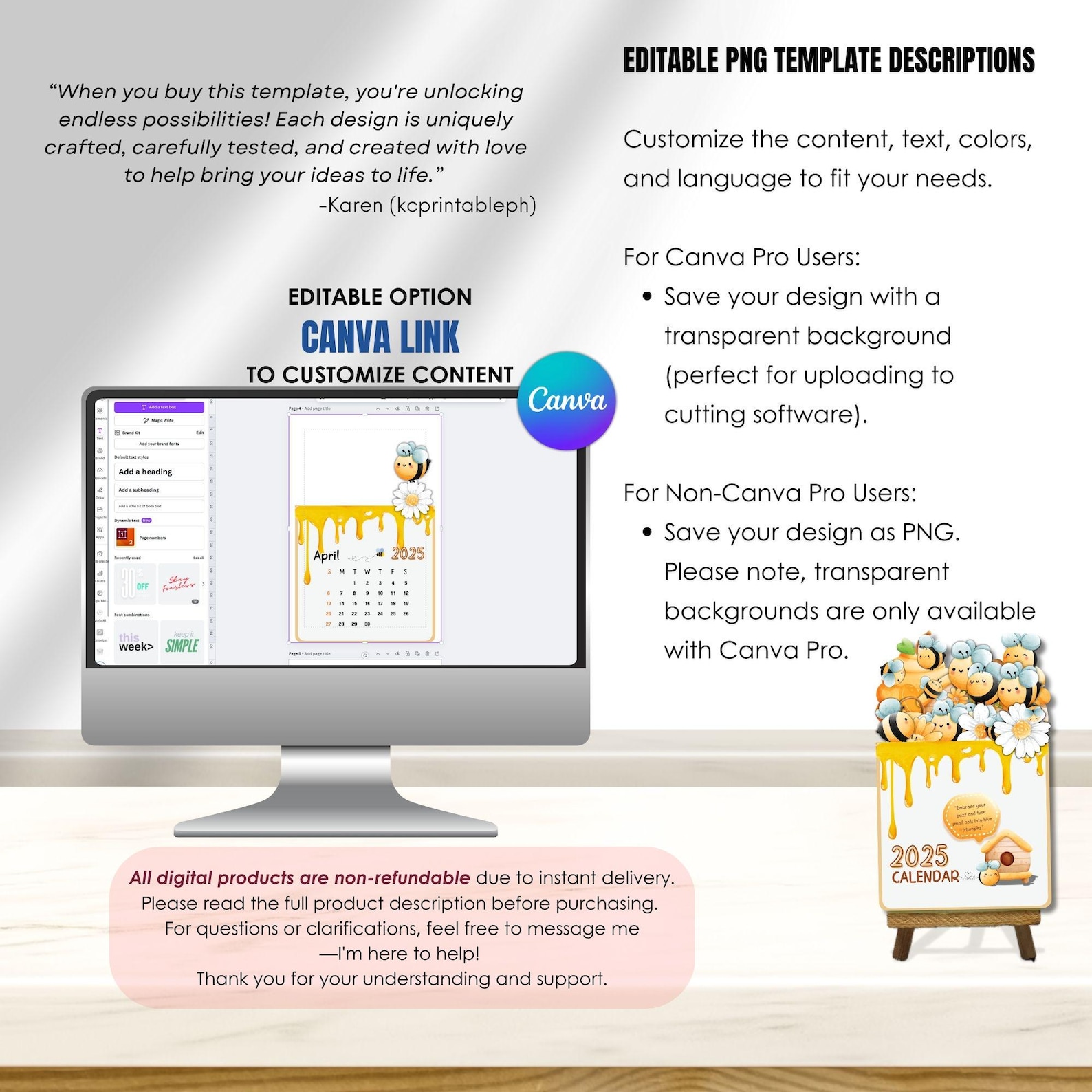 Honey Bee Desk Calendar Template 2026 Cricut & Canva Editable (digital ...