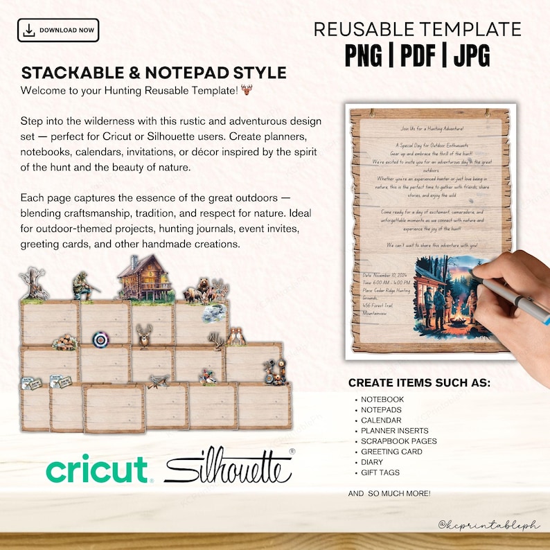 2027 Hunting Stackable Calendar, Rustic Notepad, Cricut Files (PNG, JPG ...