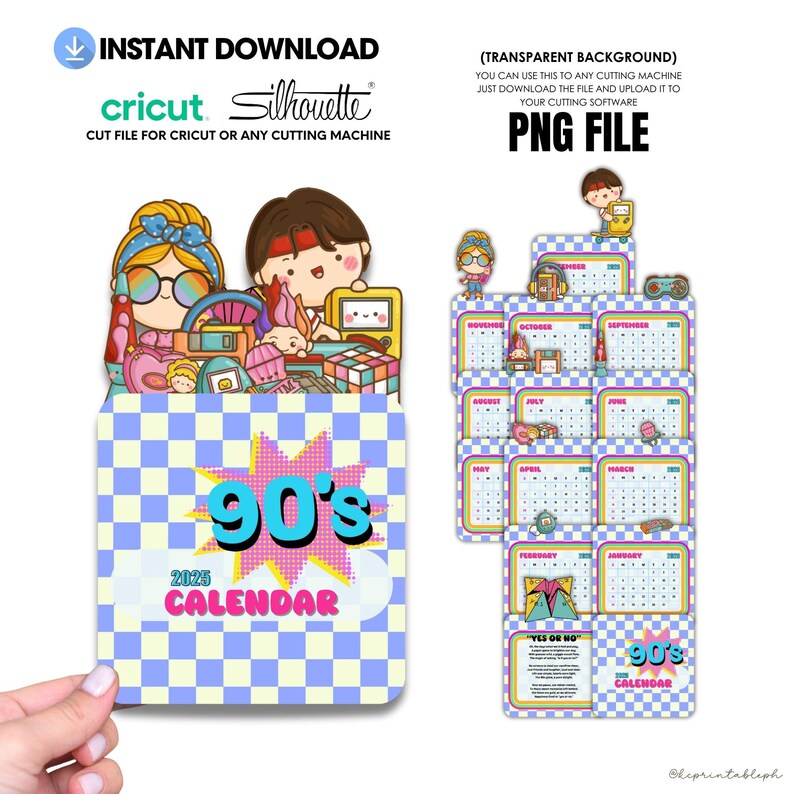 90s Retro Vibe Desk Calendar 2025 | PDF JPG File, PNG for Cutting ...
