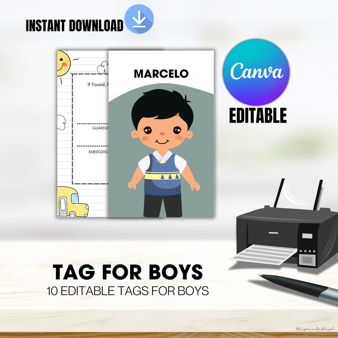 10 Customizable School Tags for Boys Editable on Canva, Instant ...