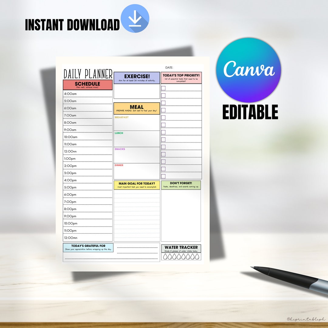 Editable Daily Planner Template Printable Planner Canva Template ...