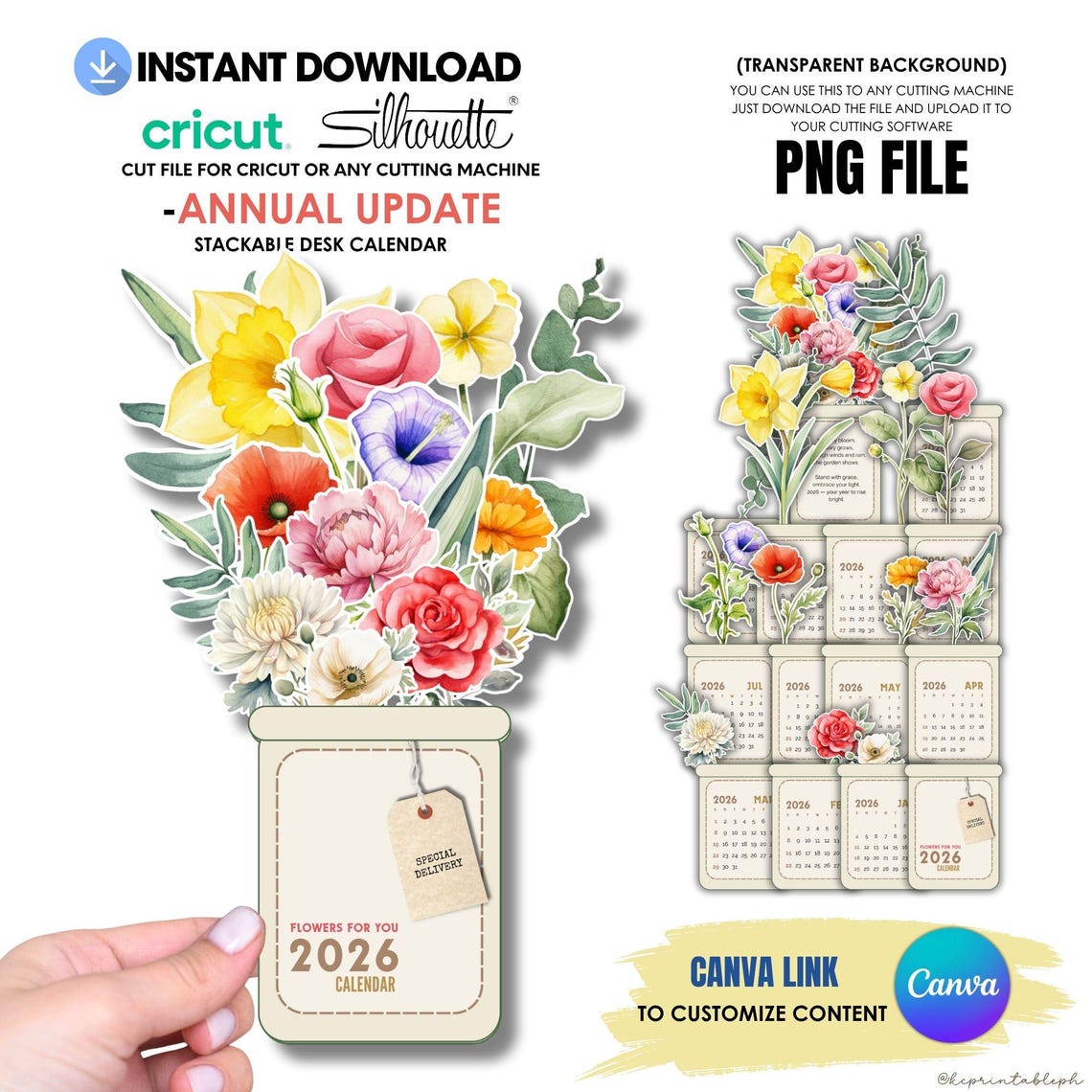 2026 Flower Bouquet Stakable Desk Calendar Print & Cut File (digital ...