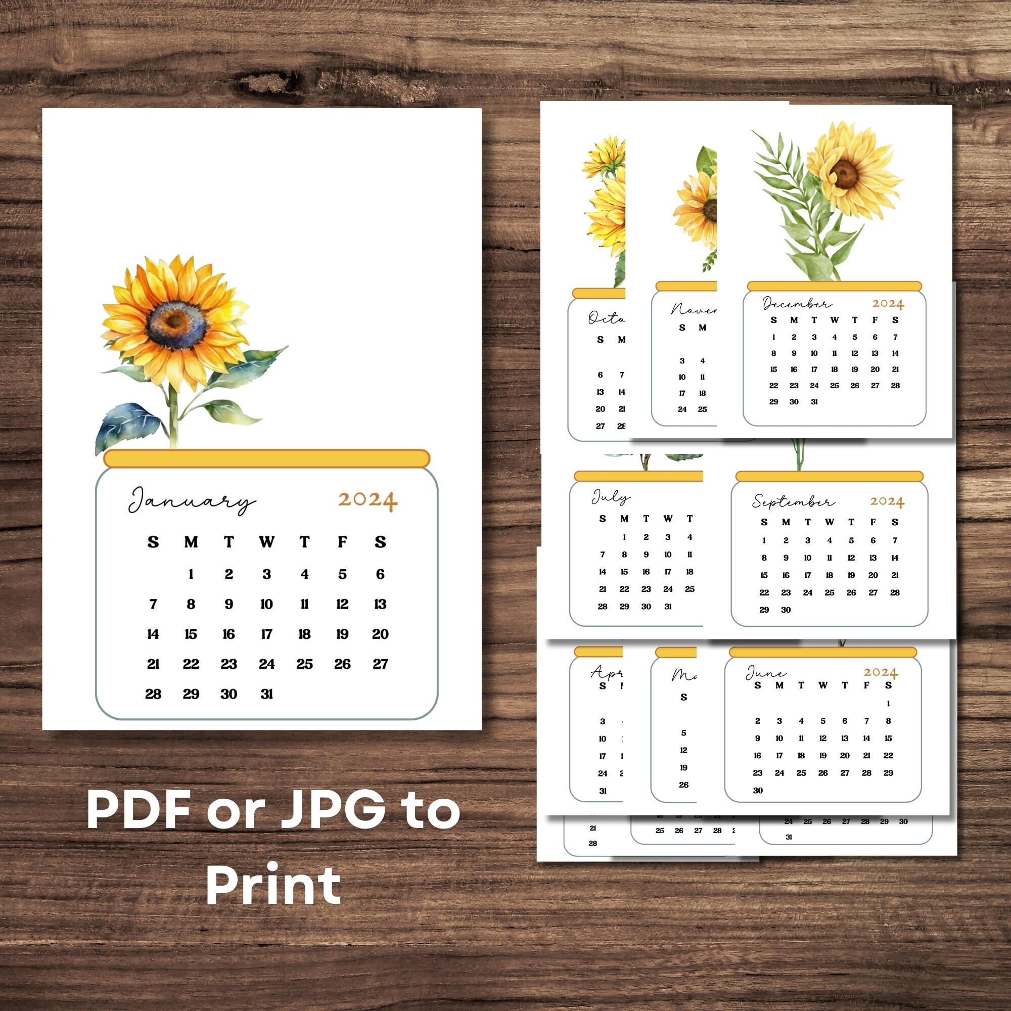 12 Png Sunflower Desk Calendar 2024-2025, Printable Flowers Desk ...