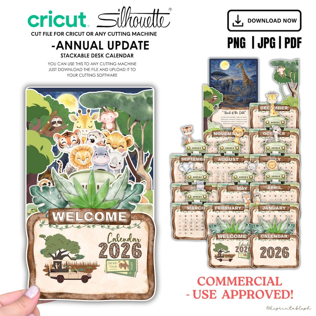 2026 Safari Stackable Desk Calendar: Cricut & Silhouette (PNG, PDF, JPG ...