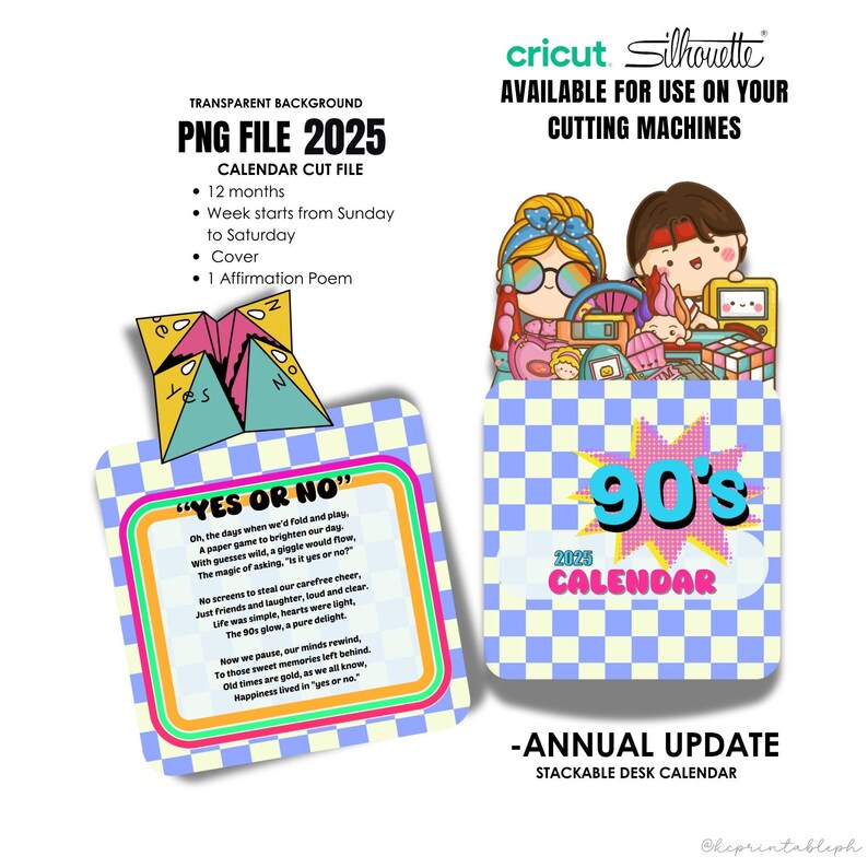 90s Retro Vibe Desk Calendar 2025 | PDF JPG File, PNG for Cutting ...