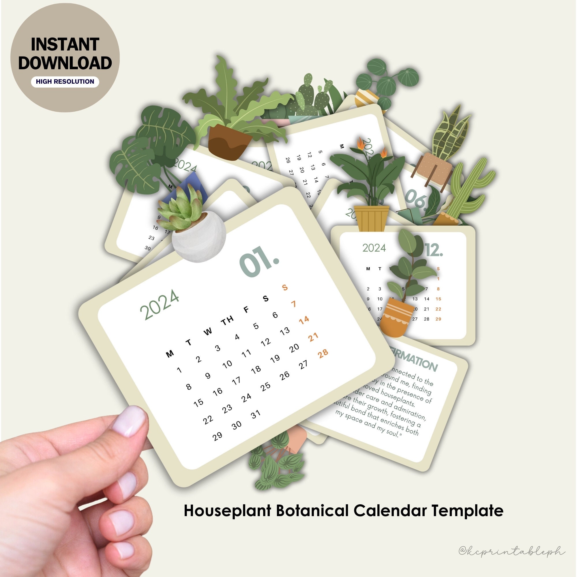 2024-2025 Houseplant Botanical Desk Calendar Template Reusable All Year ...