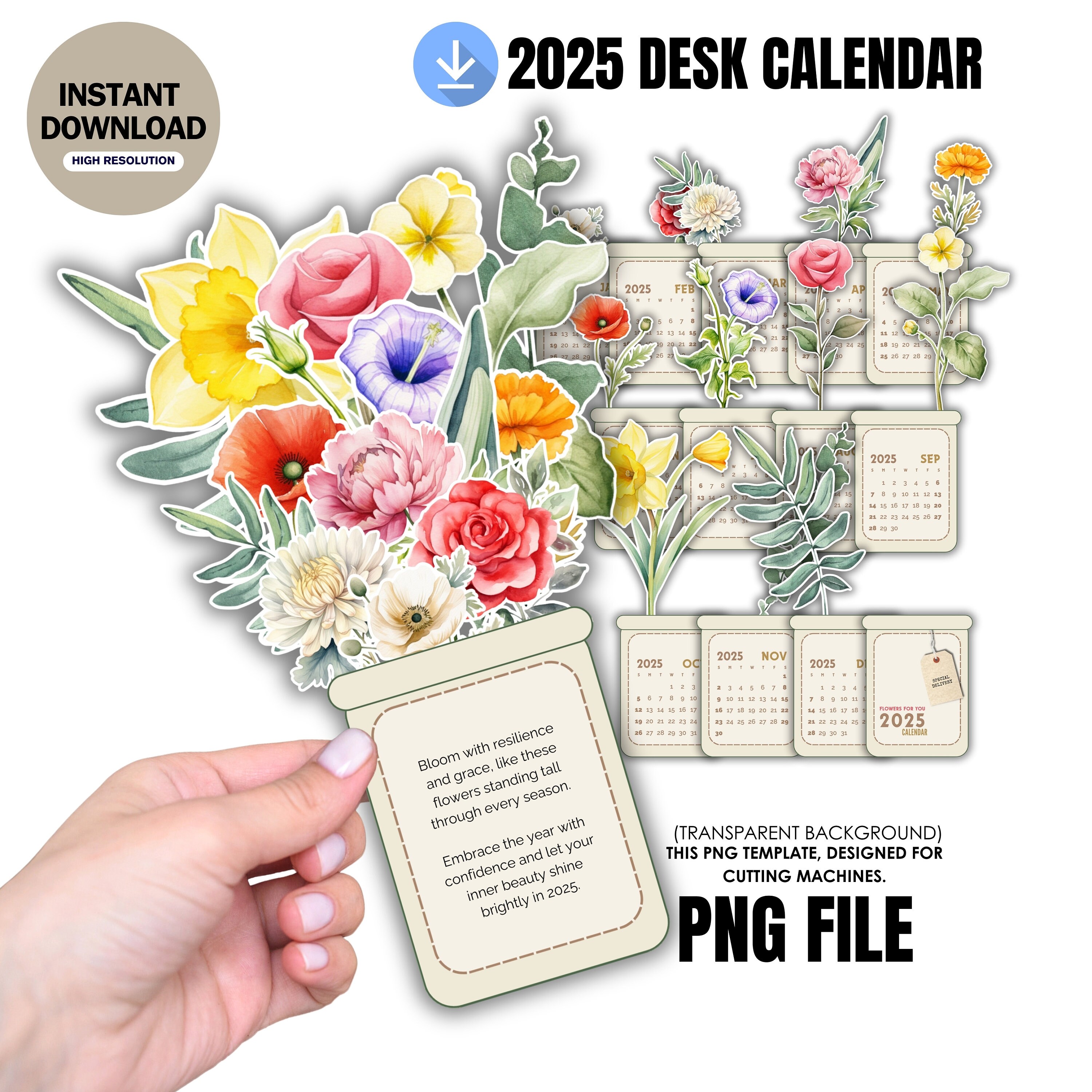 2024-2025 Flower Bouquet Calendar, Calendar Template, Print and Cut ...
