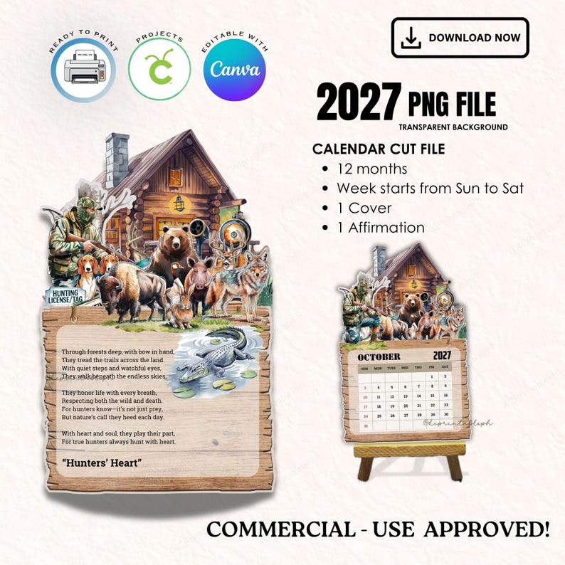 2027 Hunting Stackable Calendar, Rustic Notepad, Cricut Files (PNG, JPG ...