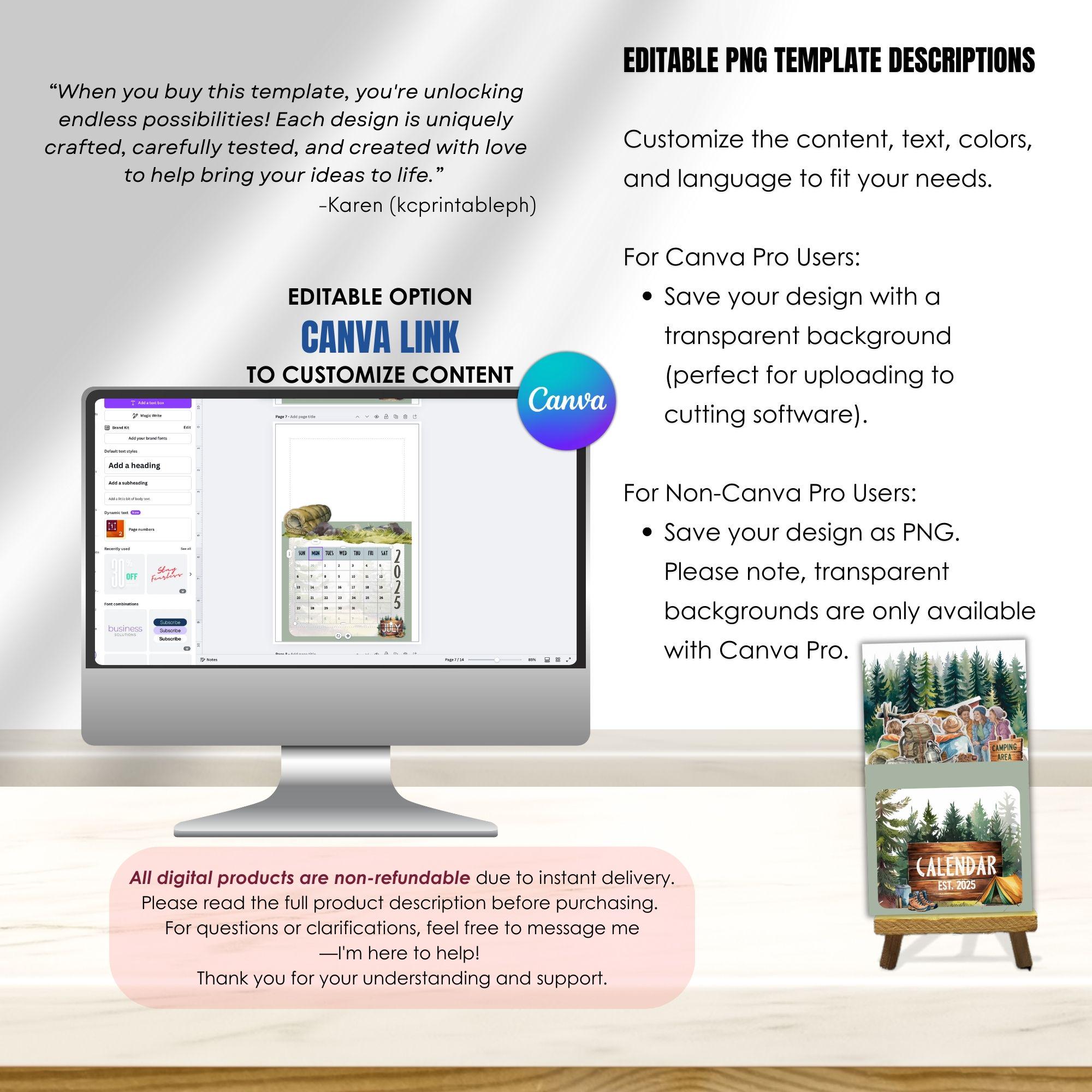 2025 Watercolor Camping Stackable Calendar Template | Custom Editable ...