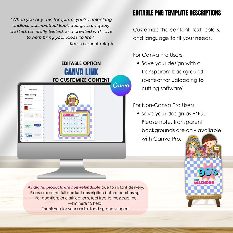 90s Retro Vibe Desk Calendar 2025 | PDF JPG File, PNG for Cutting ...
