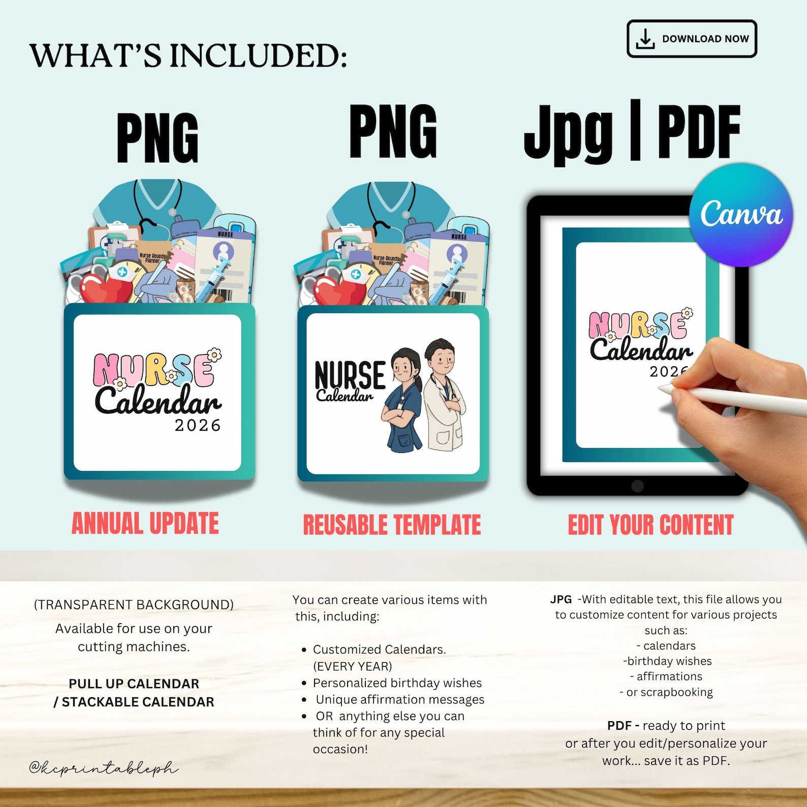 2026 Nurse Stackable Desk Calendar Template: Editable Canva, Cricut PNG ...