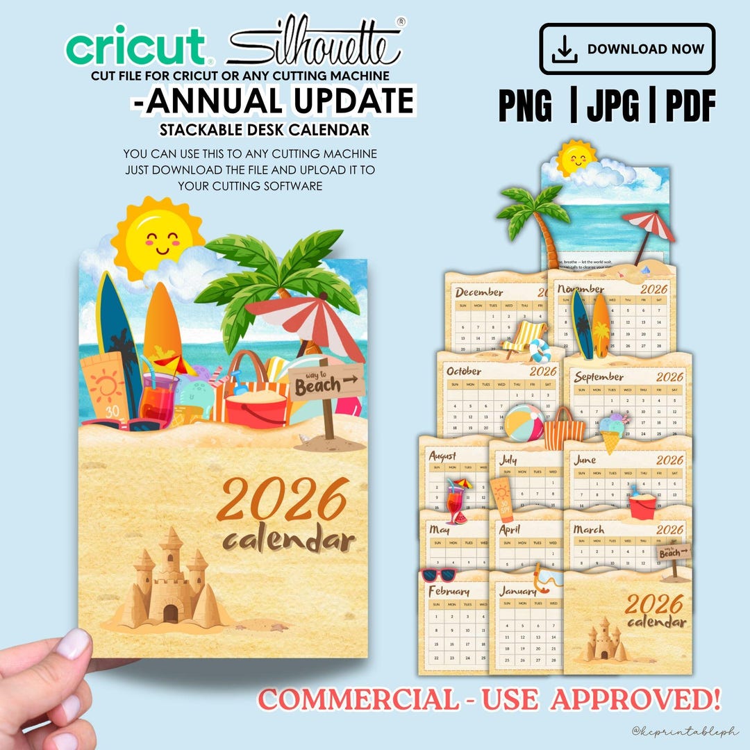 2026 Summer Beach Desk Calendar: Canva Template, Cutting Machine Files ...