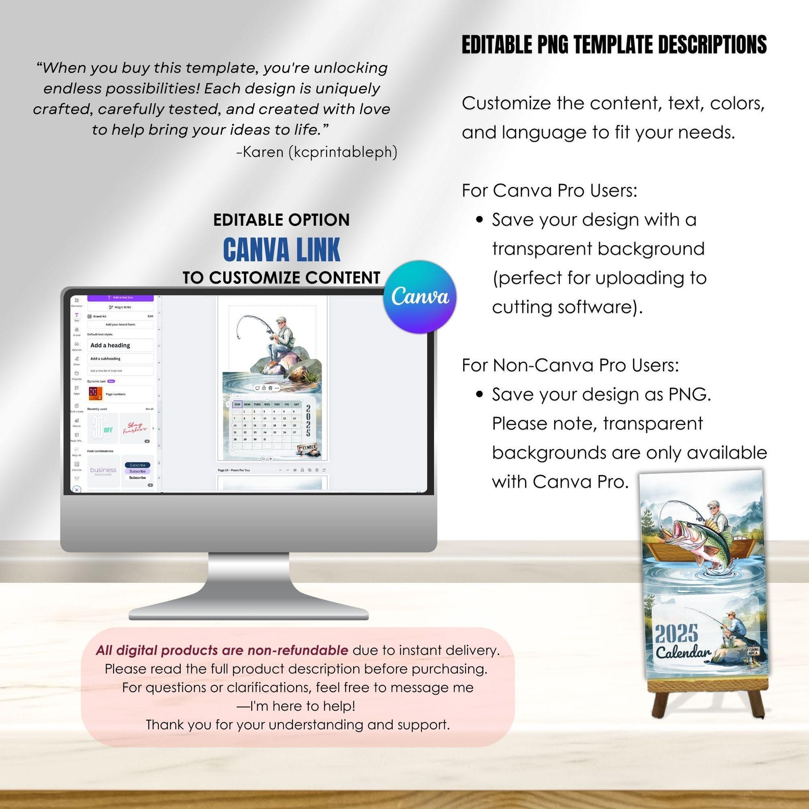 2025 Watercolor Fishing Desk Calendar Template | Custom Editable Canva ...