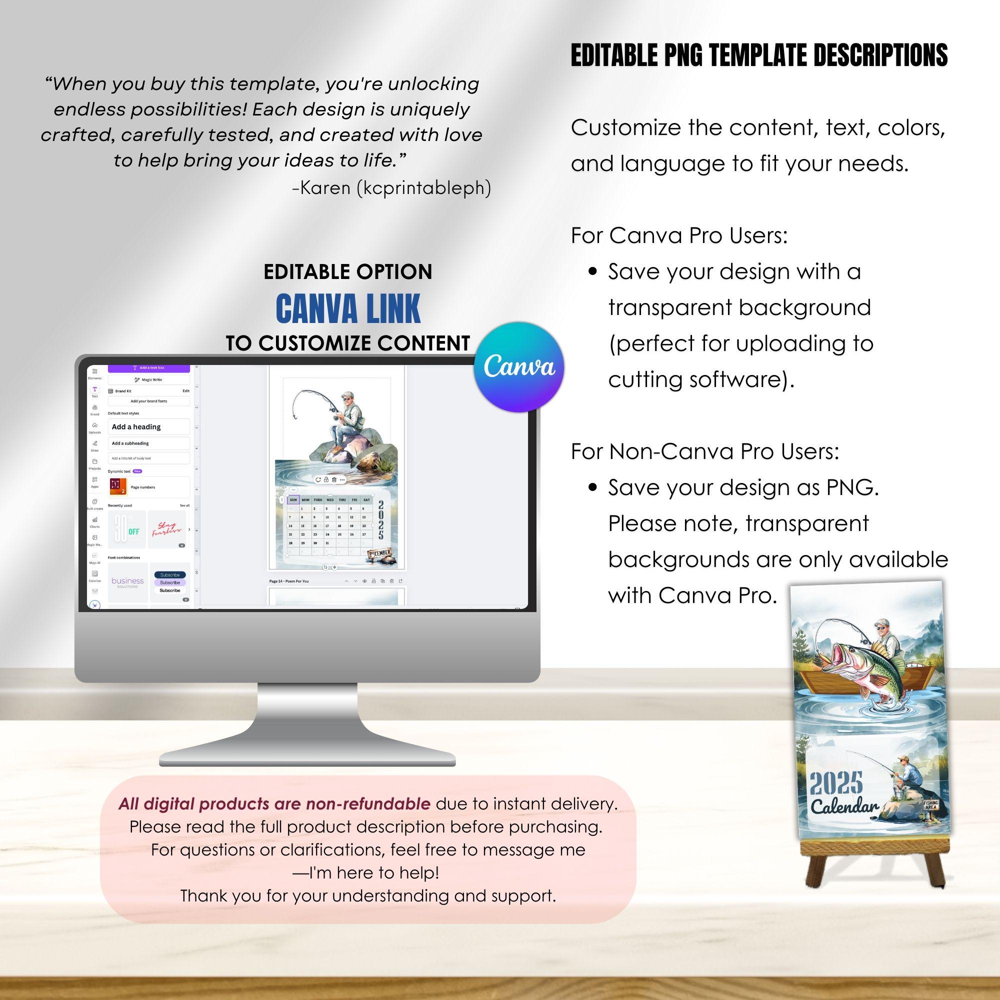 2025 Watercolor Fishing Desk Calendar Template | Custom Editable Canva ...