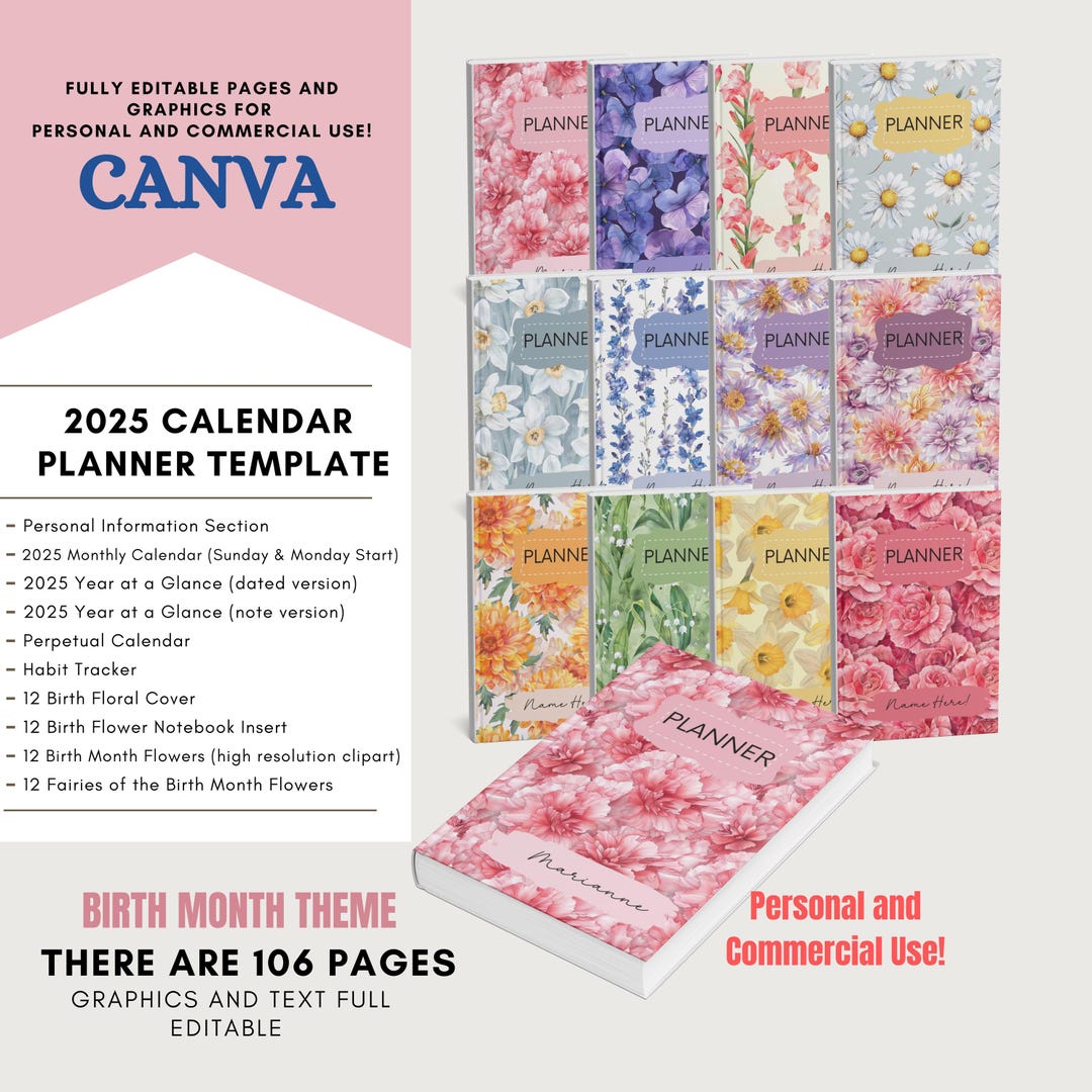 EDITABLE Customizable Watercolor Birth Flowers, 2025 Monthly Calendar ...