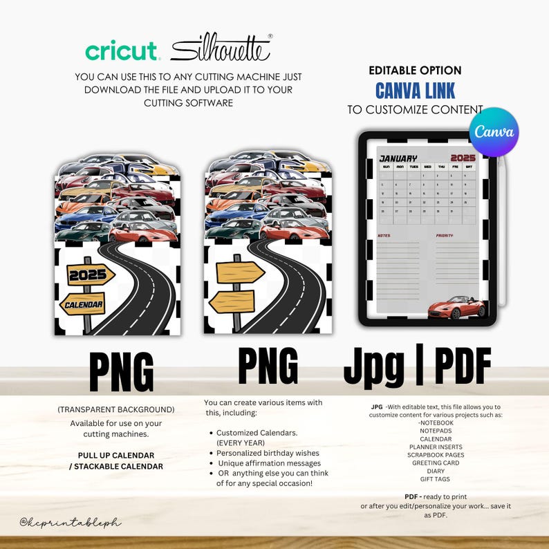 2026 Car Stackable Desk Calendar Template: Editable Canva, Cricut PNG ...