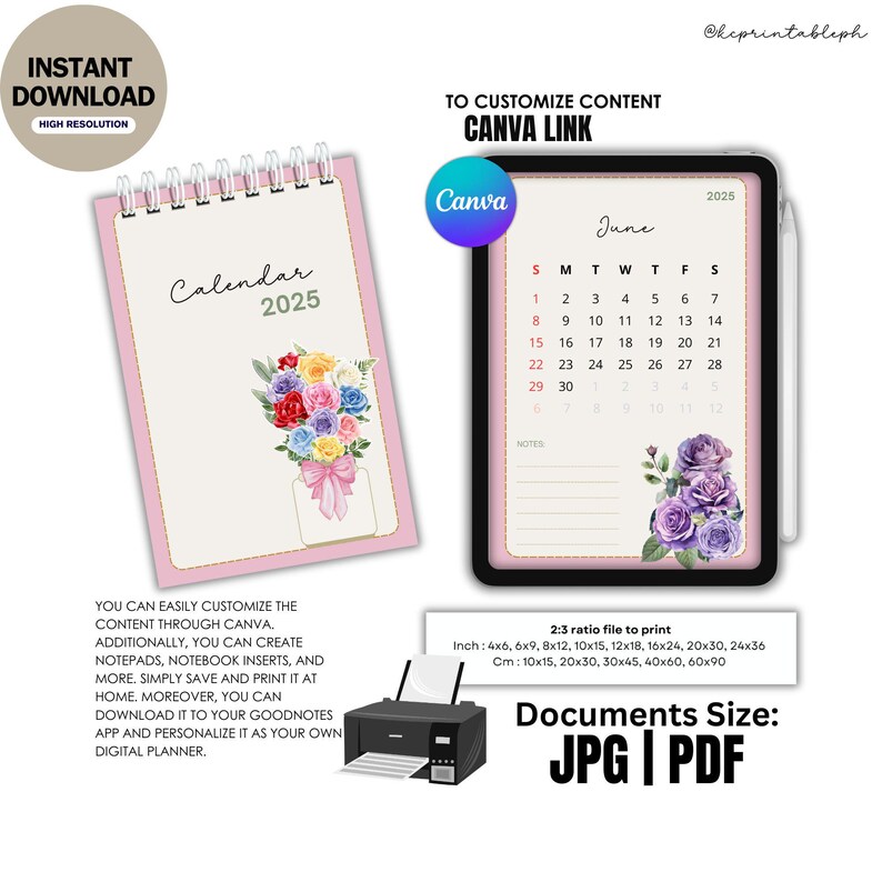 2025 Watercolor Rose Desk Calendar Template | Editable Canva Option ...