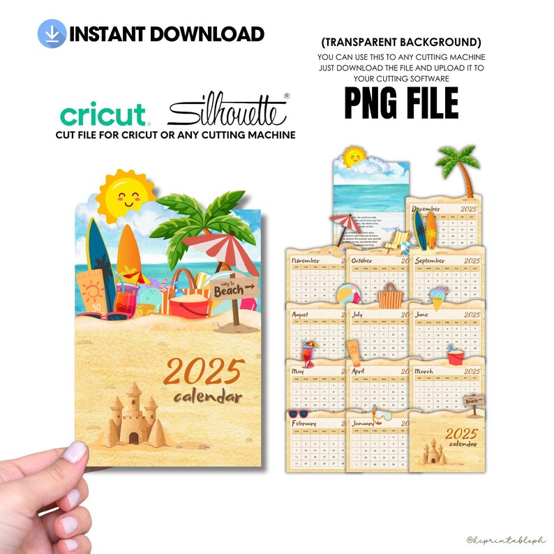 2025 Summer Beach Desk Calendar: Canva Template, Cutting Machine Files ...