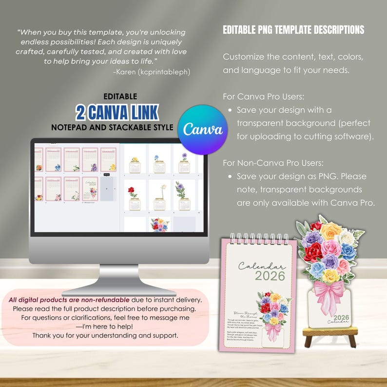 2026 Watercolor Rose Stackable Desk Calendar Template: Cricut & Canva ...