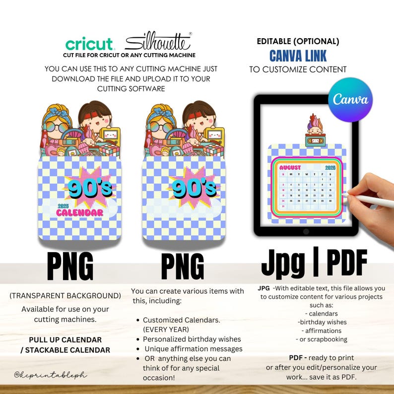 90s Retro Vibe Desk Calendar 2025 | PDF JPG File, PNG for Cutting ...