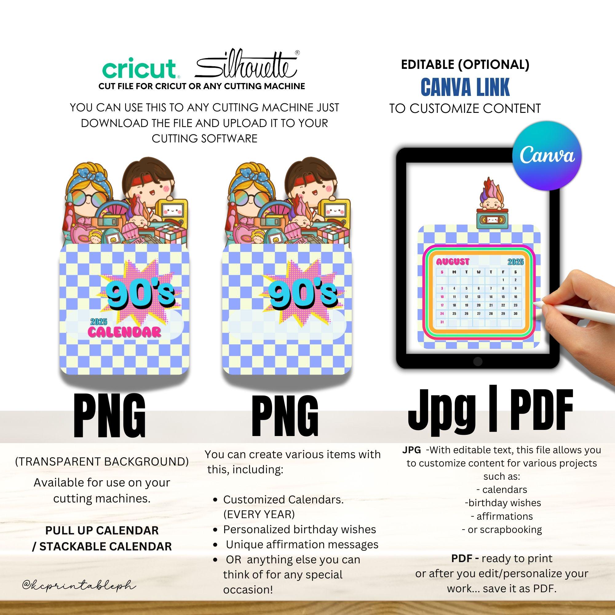 90s Retro Vibe Desk Calendar 2025 | PDF JPG File, PNG for Cutting ...